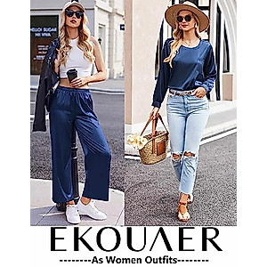 Ekouaer Womens Silk Pjs Satin Lounge Set Silky Nightwear Long Pajama Pant Set Loungewear Long Sleeve Satin Pajama Set Navy Blue M