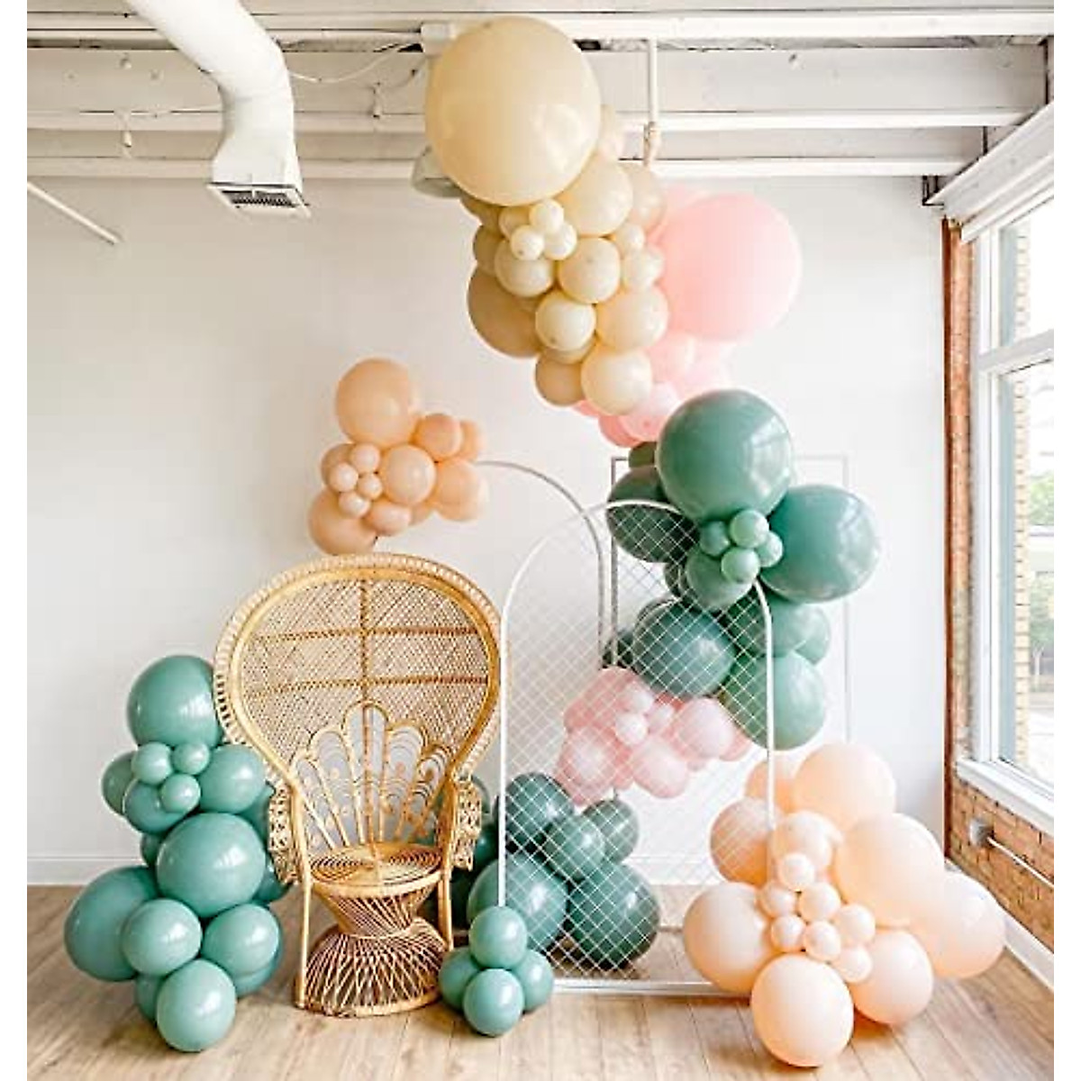 124PCS Sage Olive Green Blush Pink Peach Balloons Balloon Garland Arch Kit, Artificial Vines Eucalyptus Garland, Safari Wild One Green Baby Shower Birthday Balloons Party Decorations for Boys Girls