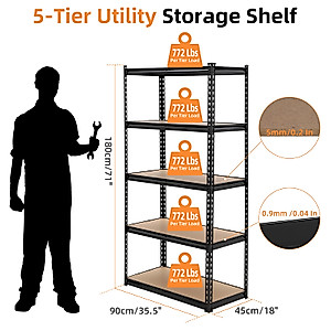 GarveeHome Garage Storage Shelves, 5-Tier Utility Shelves, Adjustable Storage Shelves, Industrial Shelving, Load 3860 Lbs Heavy Duty Storage Shelves for Garage Kitchen Basement Laundry Pantry,Black