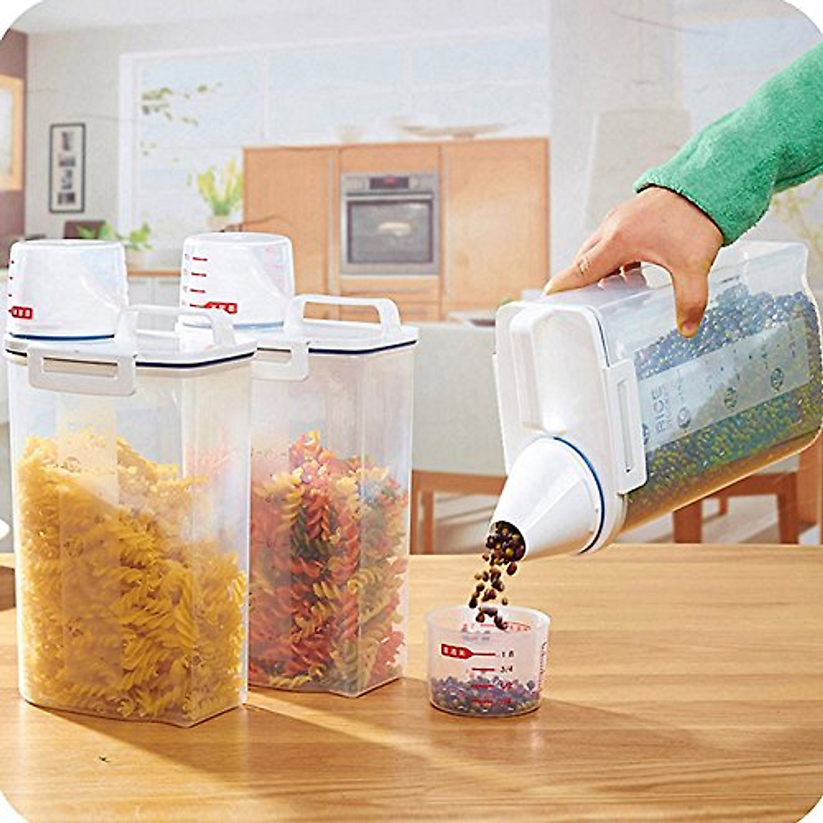 Airtight Food Storage Container with Lids 2L, Cereal Dispenser Rice Bin, Clear Plastic Storage Box with Airtight Design Measuring Cup Pour Spout, for Kitchen Flour Rice Sugar, Keeps Food Fresh Dry
