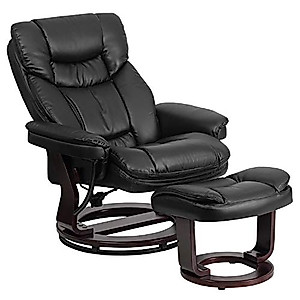 Flash Furniture Allie LeatherSoft Upholstered Recliner with Footrest, Arms, and Headrest, Padded Swivel Recliner Chair and Ottoman Set, Black