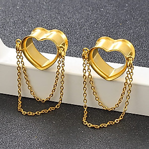 Earblity 2PCS Women Dangle Earrings 10mm/00g Gold Heart Double Chain Earrings Ear Tunnels hangers for stretched,Hypoallergenic Body Piercing Jewelry