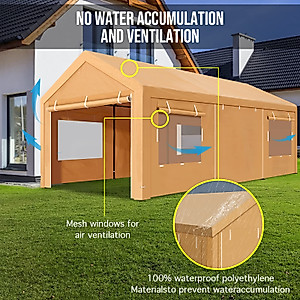 SARORRA Carport, 10'x20' Heavy Duty Carport with Roll-up Ventilated Windows, Portable Garage with Removable Sidewalls & Doors for Car, Truck, Boat, Wedding Party, Outdoor Camping, UV Resistant (Beige)
