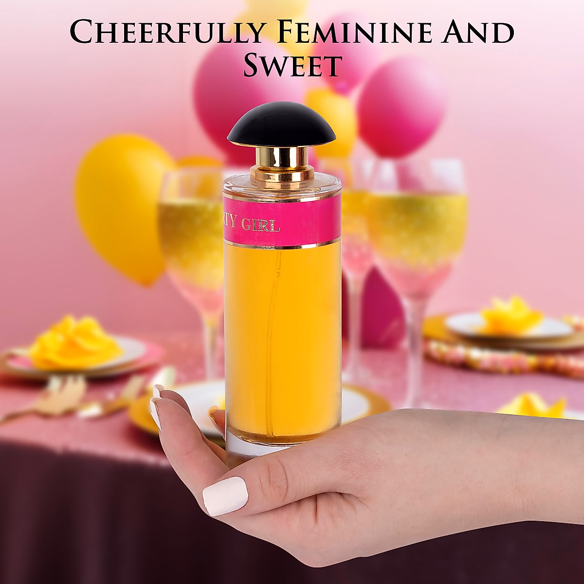 NovoGlow Party Girl for Women - Sweet Top Layer with Middle Layer of Powdery Notes & Musk - Aroma of Caramel, Vanilla & Toasted Nuts - Scent for Any Occasion - Elegant 100ml Bottle with Suede Pouch