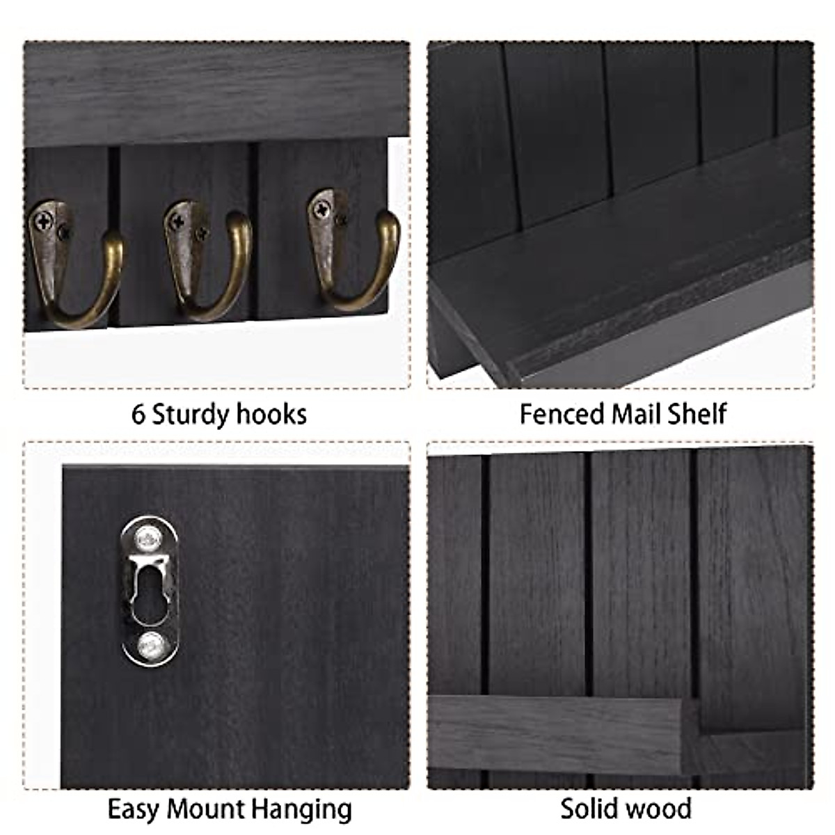 DLQuarts Key Holder for Wall Decorative Mail Holder Wall Mount Mail Organizer with 6 Key Hooks Key Hanger Wall Hooks, Black