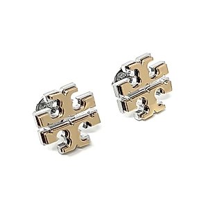 Tory Burch Extra Large Logo Stud Earring Two Toned Gold Silver 5/8'' WIde, Multi
