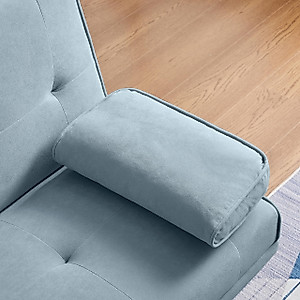 Folding Futon Velvet Sofa Bed Adjustable Couch Sleeper for Living Room Stainless Steel Frame and Feet with 2 Cup Holders，Removable Armrests (Light Blue)