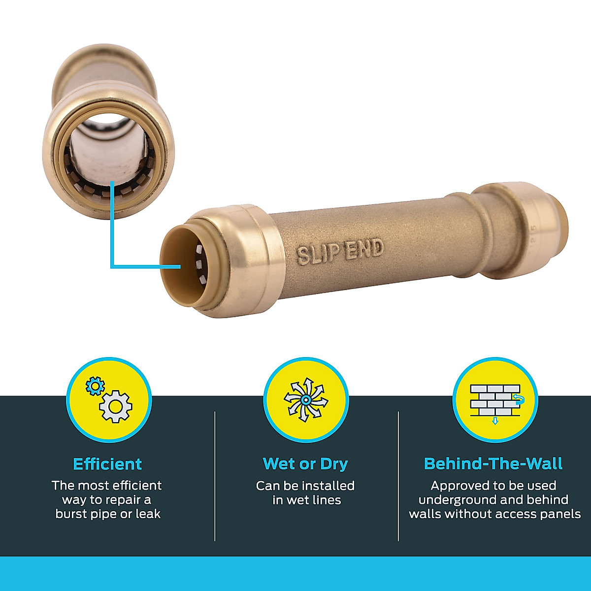 SharkBite 1/2 Inch Slip Coupling, Push to Connect Brass Plumbing Fitting, PEX Pipe, Copper, CPVC, PE-RT, HDPE, U3008LFA