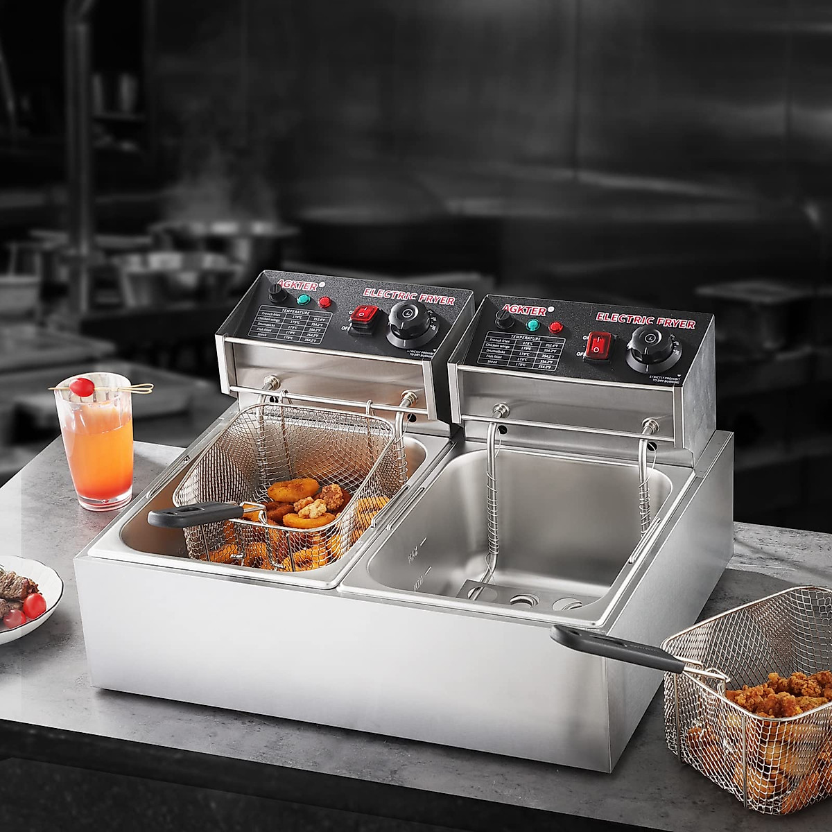 Commercial Electric Deep Fryer, AGKTER, Dual Tank Stainless Steel Deep Fryer with Basket & Lid, Over-Temperature Protection, Ideal for Restaurant and Home Use - 10.5qt+10.5qt, 1500W+1500W, 110V