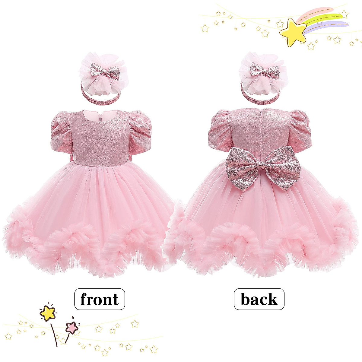 LZH Baby Girl Dress Sequined Bowknot Baptism Dresses for Baby Girls with Headwear Pageant Wedding Bridesmaid Party Pure White