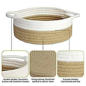 Voil mart Cotton Rope Basket Set of 5,Rope Basket with Handles,Woven Storage Basket,White and Jute Decorative Toy Baskets Setfor Baby Nursery toys, Remote, Controls, Phone, Stationary, Makeup