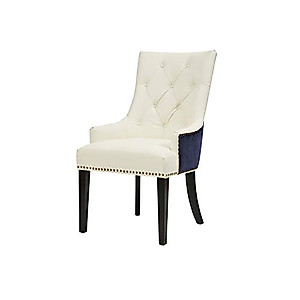 Iconic Home Cadence Dining Side Chair Button Tufted PU Leather Velvet Polished Brass Nailheads Espresso Finished Wooden Legs, Navy – White, Modern Transitional