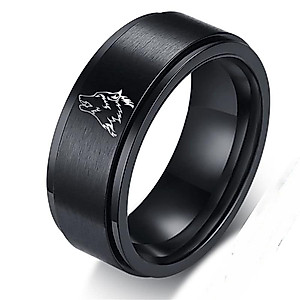 Viking Wolf Spinner Ring for Men Women, Stainless Steel Wolf Head Wolves Spirit Anxiety Band Ring, Fenrir Wolf Finger Rings, Wolf Fans Jewelry Gifts, Black, Size 11