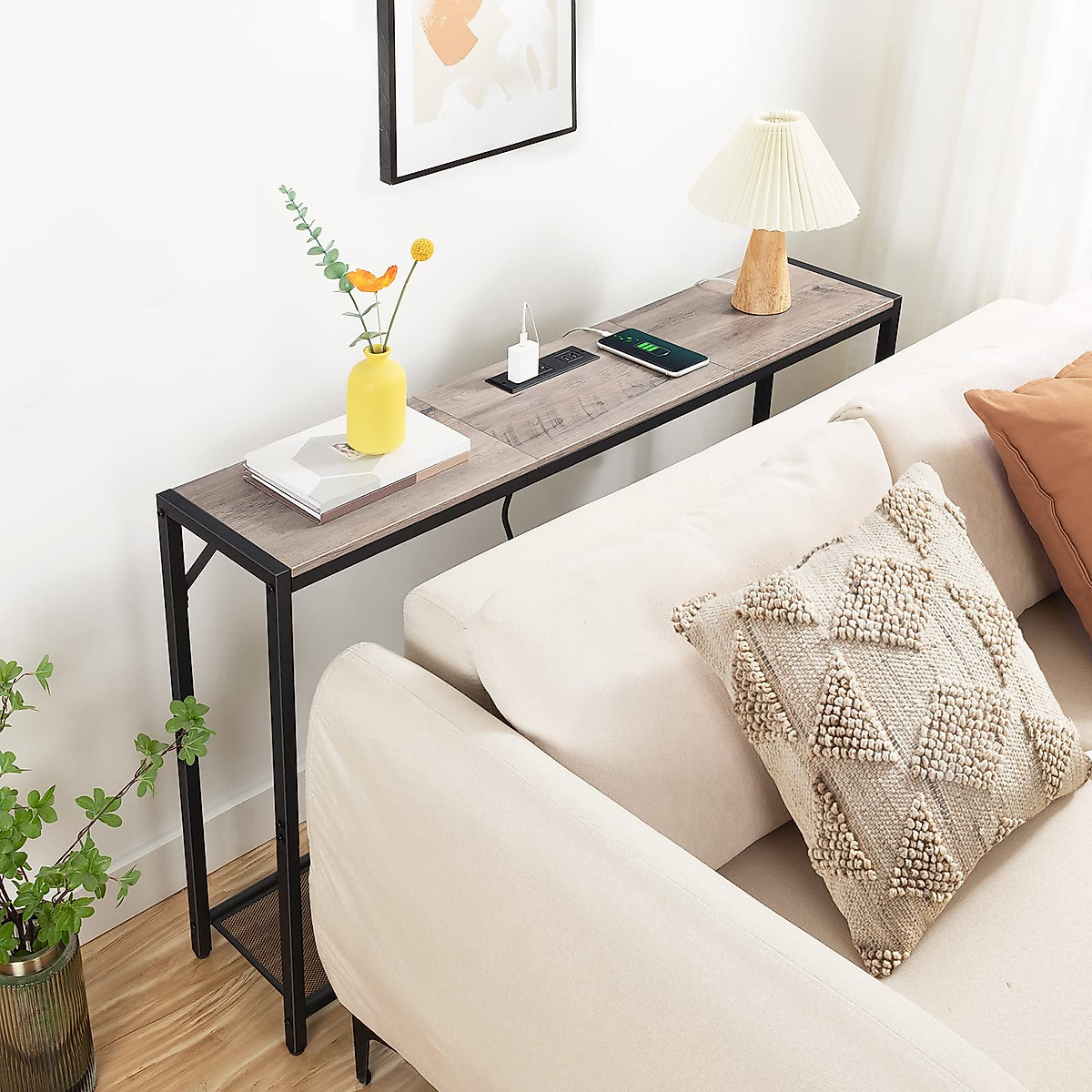 MAHANCRIS Sofa Table with Power Outlet, 43.7" Console Table with USB Ports, Behind Couch Table, Entryway Table for Living Room, Entryway, Foyer, Metal Frame, Adjustable Feet, Greige CTHG11E01Z1
