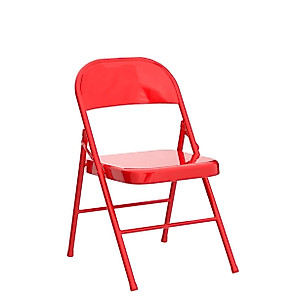 VECELO Folding Chairs Metal Frame Steel Seat with Triple Braced for Home Office,No-Assembly Heavy-Duty&Stackable Space Saving, Set of 4, True Red