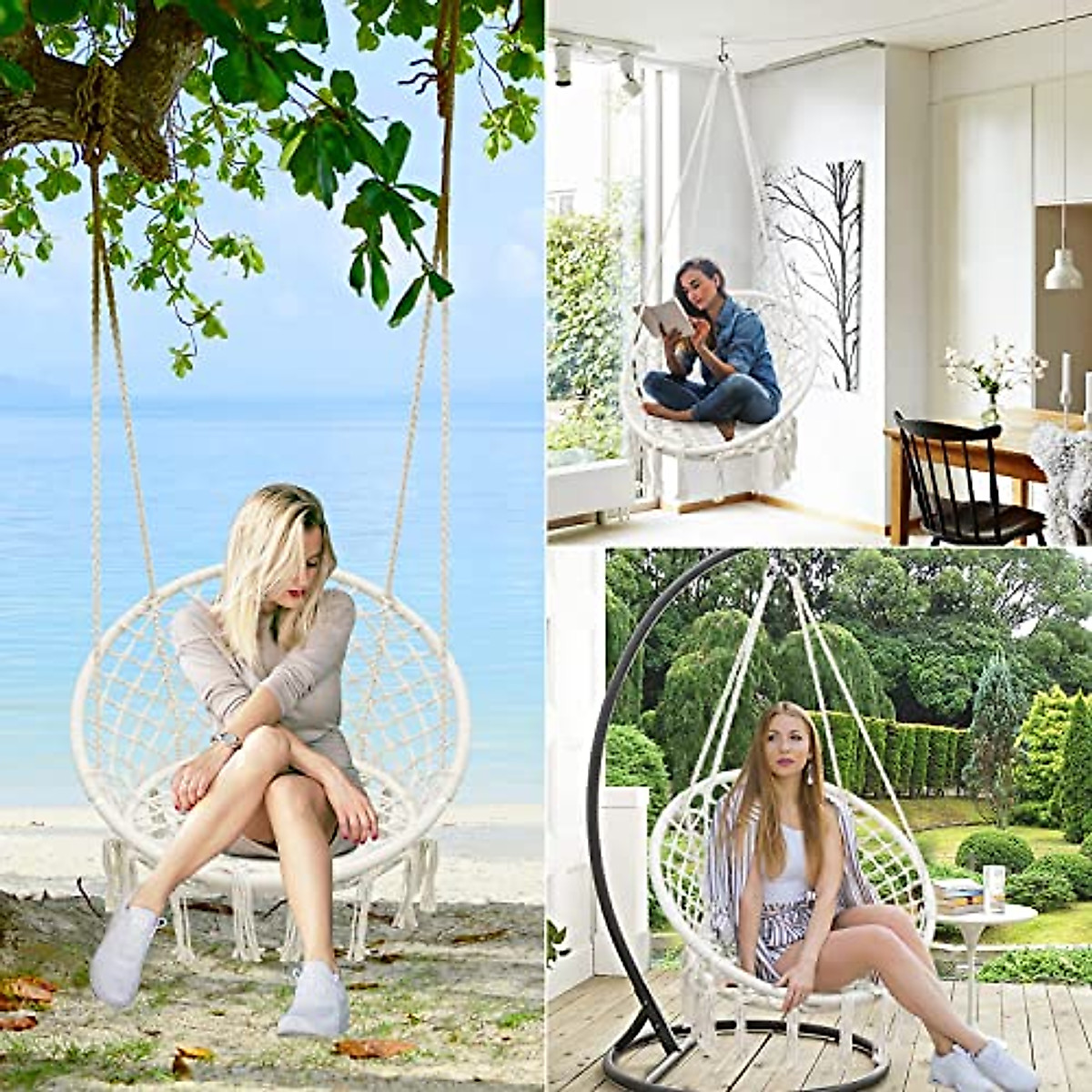 SURPCOS Hammock Chair Macrame Swing, Upgraded Max 550 Lbs Hanging 100% Cotton Rope Swing Chair with Stainless Steel Hardware Kits, Macrame Swing for Indoor and Outdoor Use (Beige)