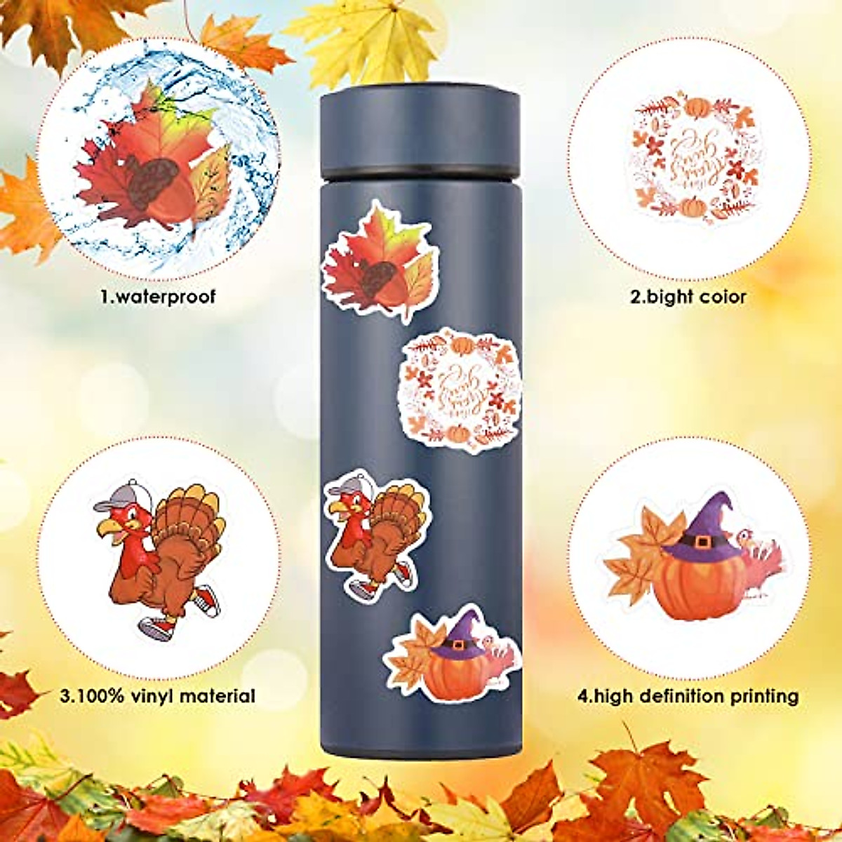 Cobee 100 Pieces Thanksgiving Sticker Decals,Aesthetic Fall Stickers Pumpkin Autumn Decals Cute Turkey Stickers Funny Vinyl Waterproof Stickers for Laptop Water Bottle Envelopes Party Favor