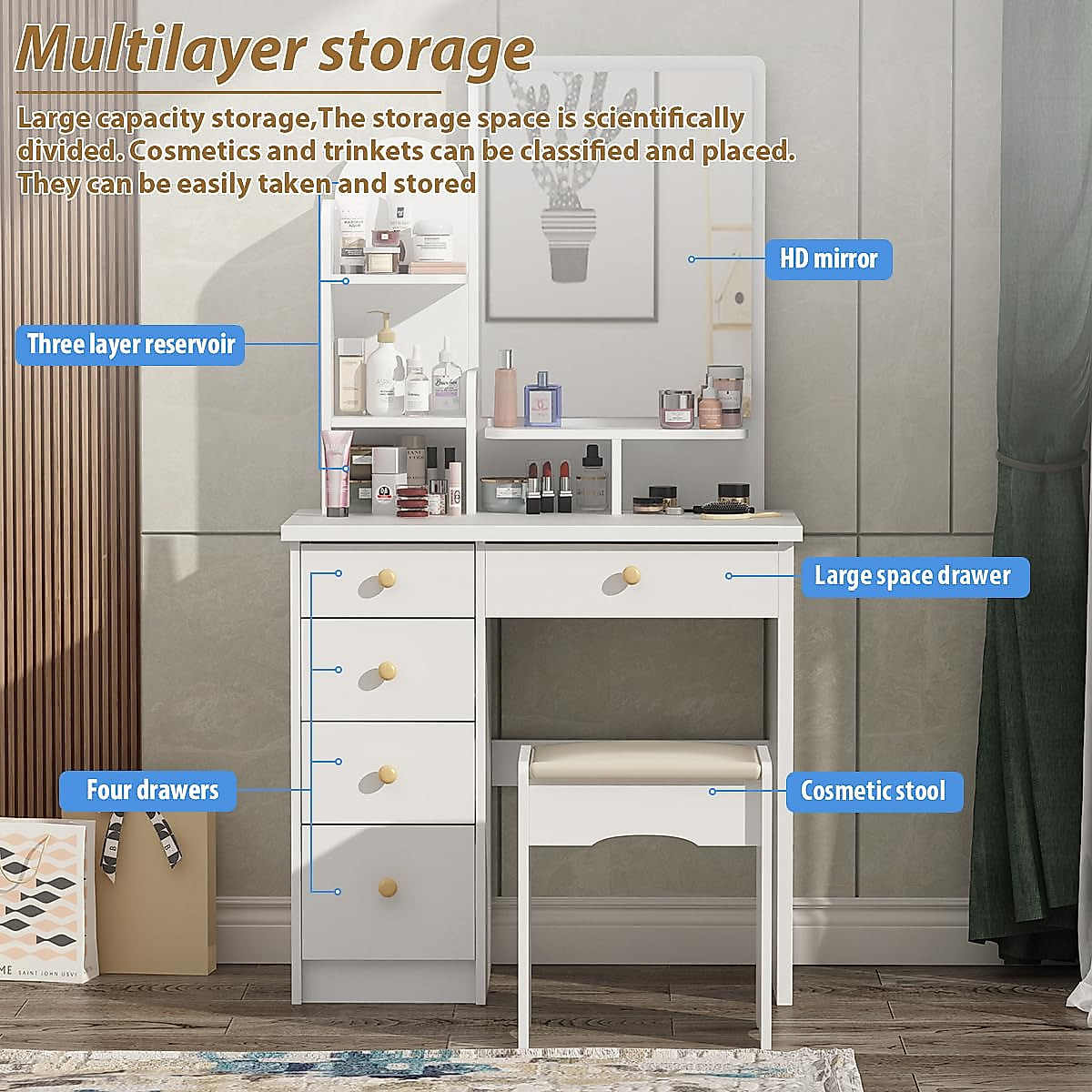 FUFU&GAGA Vanity Set with Mirror, Makeup Vanity Dressing Table with 5 Drawers, Shelves, Dresser Desk & Cushioned Stool Set (White, No Light)