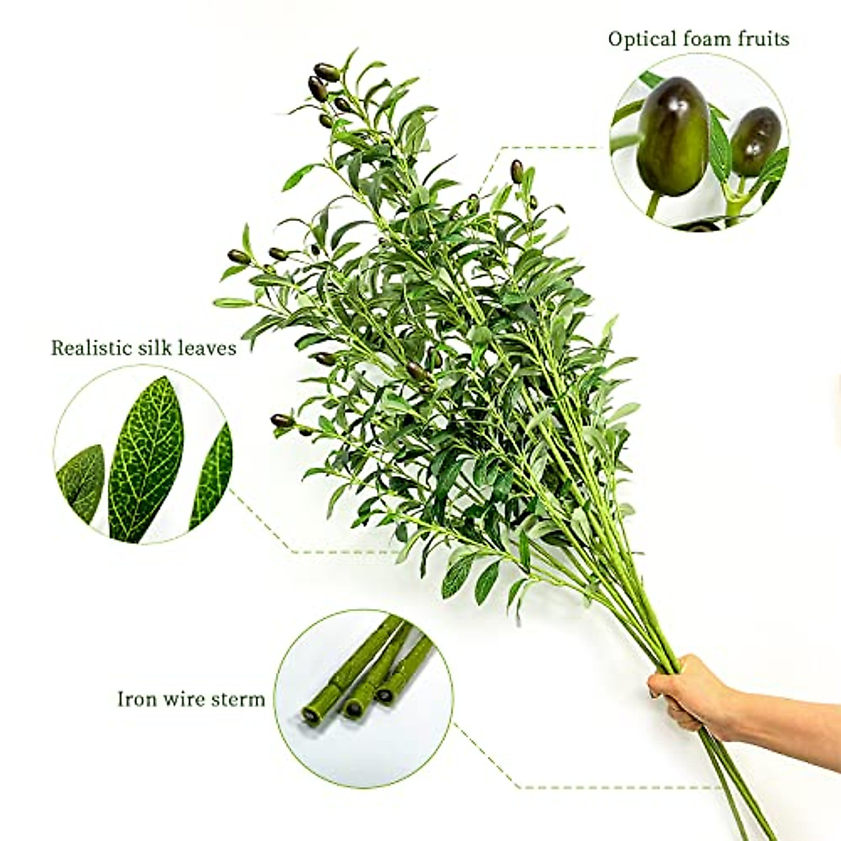 Zen Lyfe 39" Tall Faux Olive Branches 3 Pcs (Total 18 Branches) for Vases Olive Branches with Olives Greenery Stems Plants Home Decor Indoor Outdoor Wedding Decoration