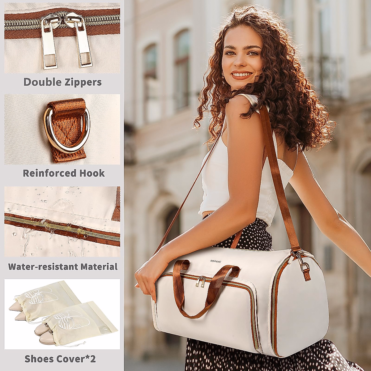 Garment Bags for Travel, Convertible Garment Bag with Detachable Hanging Suit Bag, Carry on Travel Duffel Bag with Shoulder Strap and Shoes Cover, 2 in 1 Hanging Suit Bags for Women/Men, White Brown