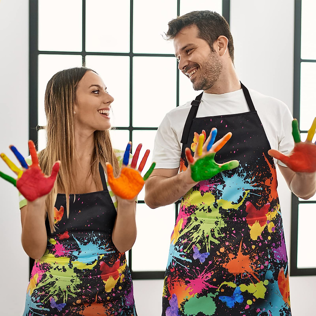 ASPMIZ Artist Painting Apron for Adults, Colorful Art Cooking Aprons, Waterproof Kitchen Bib Apron with Pockets, Adjustable Kitchen Aprons for Men Women Chef Gardening Baking, 27.6" x 31.5", Black