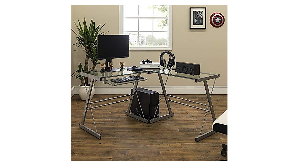 Walker Edison L-Shaped Gaming Desk - Glass Top & Keyboard Tray