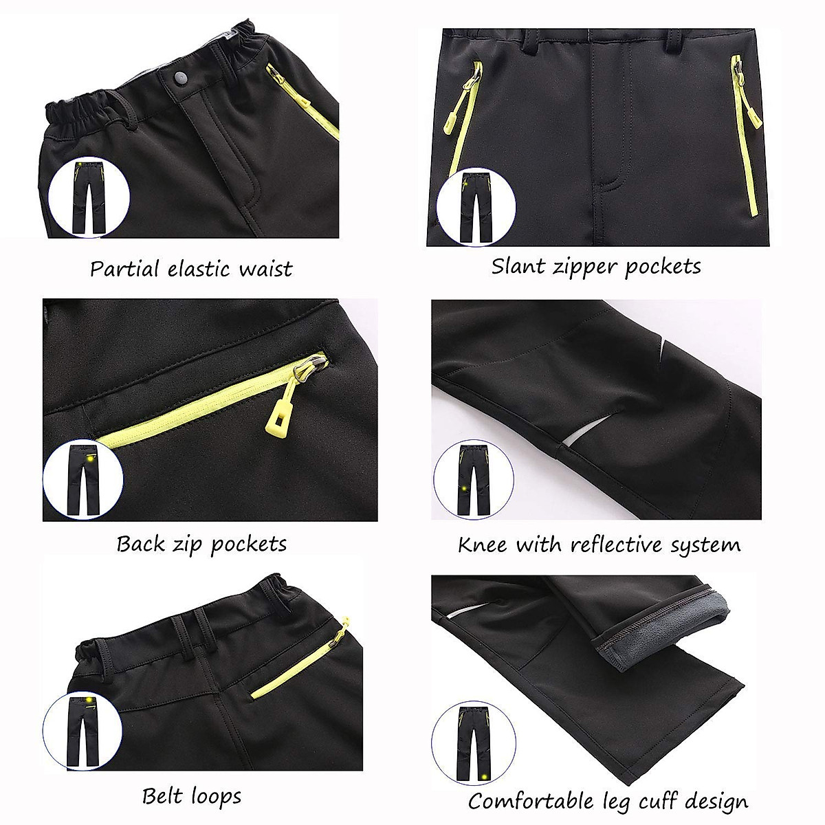 LANBAOSI Kids Boys Girls Waterproof Outdoor Hiking Pants Warm Fleece Lined Black