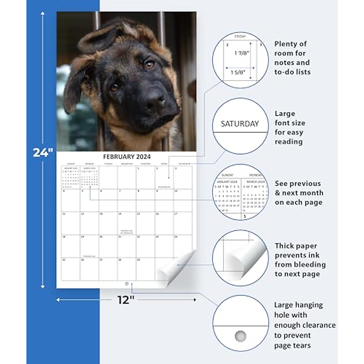 DOGS Monthly Wall Calendar | 12" x 24" | Thick Sturdy Paper | Dog Calendar 2024-2025 (Shepherds)