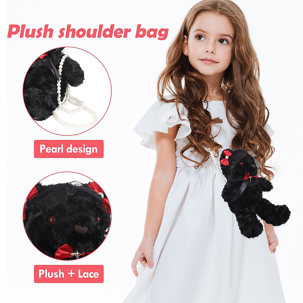 Amosfun kawaii purse gothic lolita bag purses decor dress bear- Plush Doll Sling Bag Lovely Lace Bear Crossbody Bag Chic Small Shoulder Bag for- Women- Ladies Girls (Black)