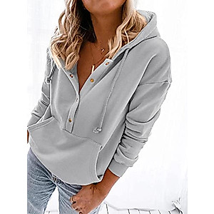 Shaeueak Women Hoodies Lightweight V Neck Sweatshirts Long Sleeve Shirts Loose Fit Sweaters Size Medium Grey