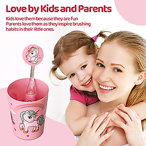 Lily's Home Kids Toothbrush with Flashing Timer with a Cup, Toothbrush Cover and Toothbrush Holder. Unicorn