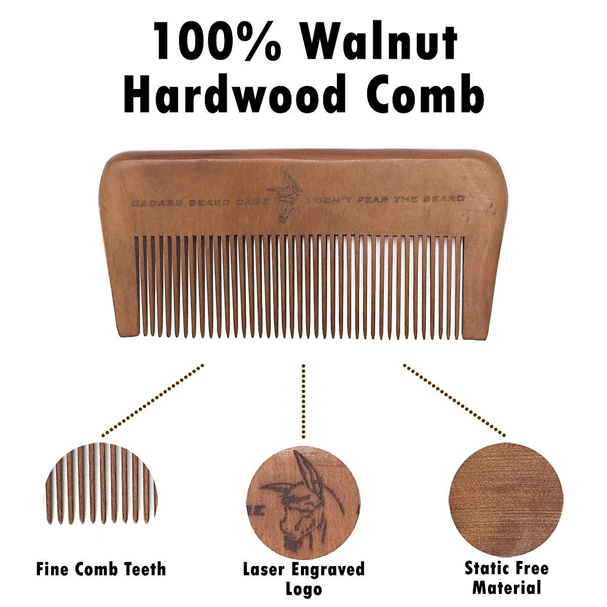 Badass Beard Care Wood Beard Comb for Men - Fine Tooth, Anti-Static