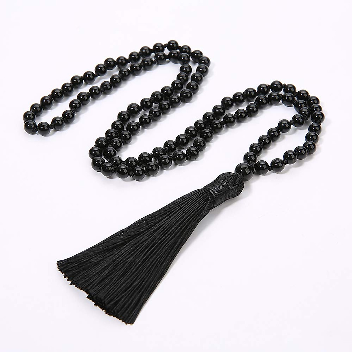BALIBALI 8MM Beads Chakra Long Mala Necklace Natural Stone Meditation Statement Necklace Japa Yoga Rosary Prayer Charm Beaded Tassel Necklace (Black Agate)
