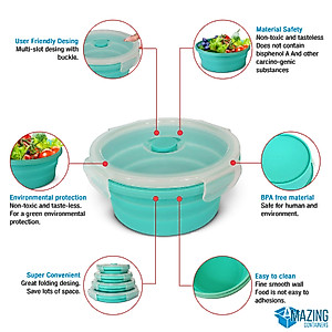 AMAZING CONTAINERS Set of 4 Silicone Collapsible Food Storage Container with Airtight Lid|Foldable Stackable Space-saving containers for Kitchen|Microwave Dishwasher and Freezer Safe