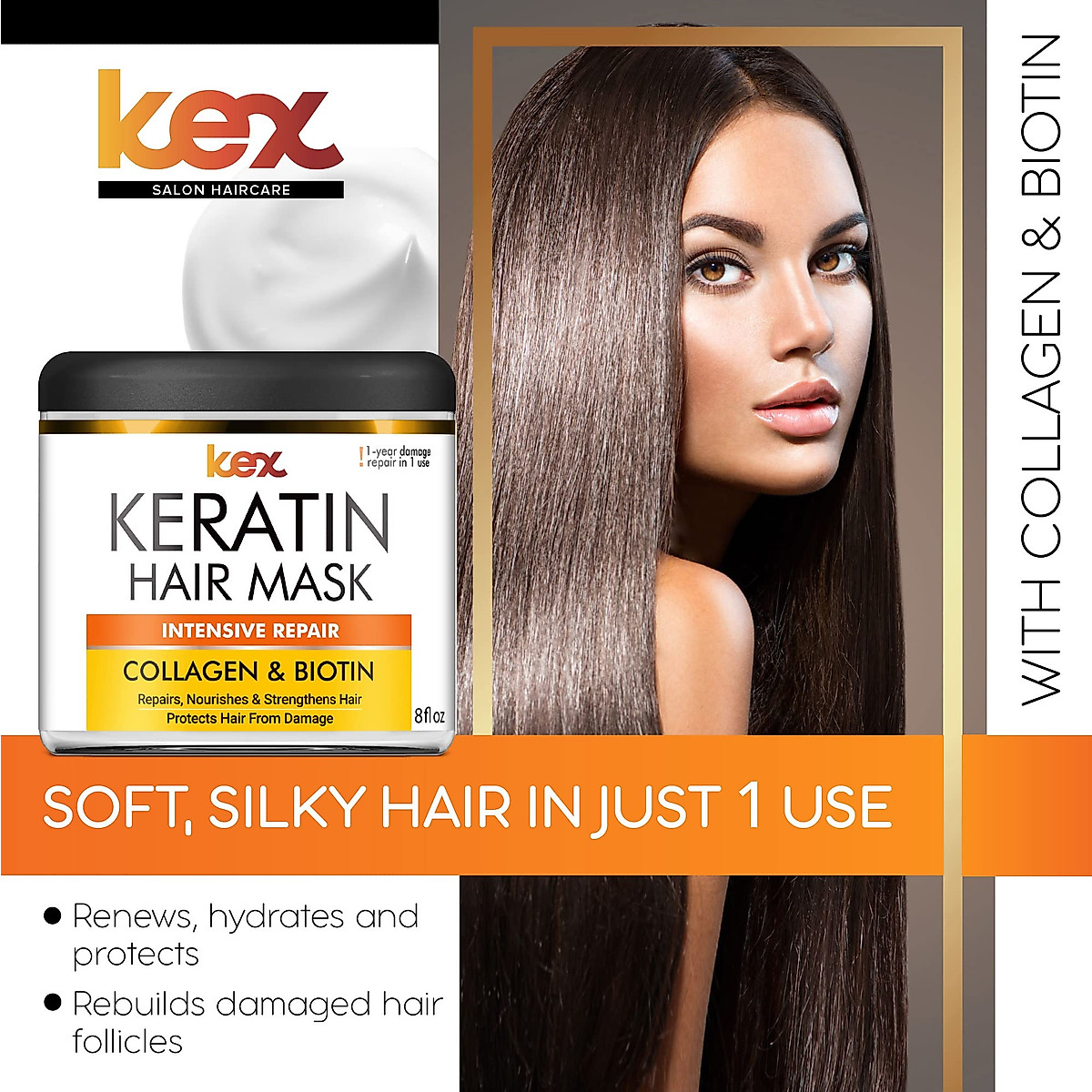 Keratin Hair Mask Made in USA with Natural Collagen & Biotin - Hair Repair Treatment for Dry & Damaged Hair and Growth - Save Color Treated Hair with Enriched Nourishment & Professional Care - 8 oz