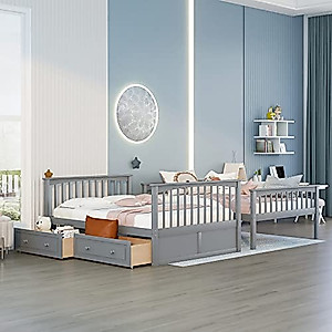 Full Over Full Bunk Bed with 2 Storage Drawers, Wooden Bunk Bed Frame with Guardrails and Ladders for Kids Teens Adults, Can be Convertible into 2 Beds (Bunk Beds Full Over Full, Gray)