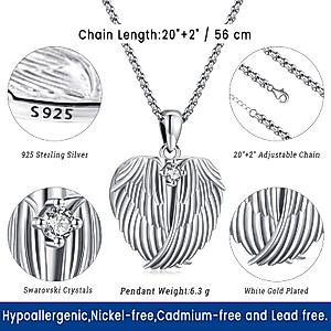 Picture Locket Necklace for Women Men 925 Sterling Silver Pendant Angel Wings Heart Locket Necklace that Holds Pictures Crystal Jewelry Memorial Necklace with Picture Personalized Photo Gifts for Her