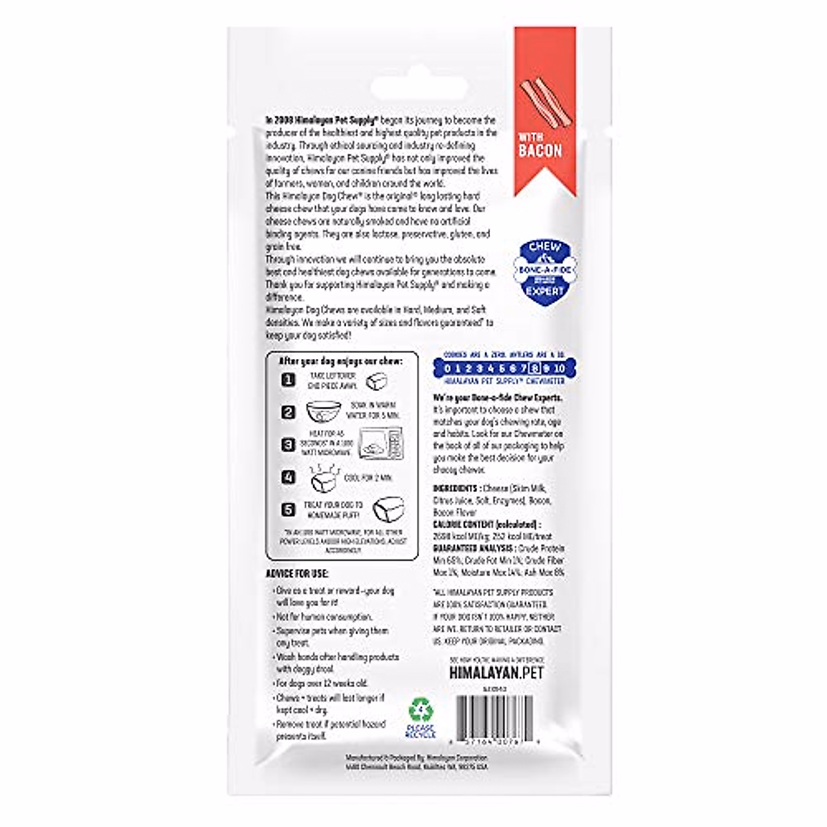 Himalayan Dog Chew Yak Cheese Dog Chews, 100% Natural, Long Lasting, Gluten Free, Healthy & Safe Dog Treats, Lactose & Grain Free, Protein Rich, Large Dogs 55 Lbs & Smaller, Real Bacon Bits, 3.3 oz