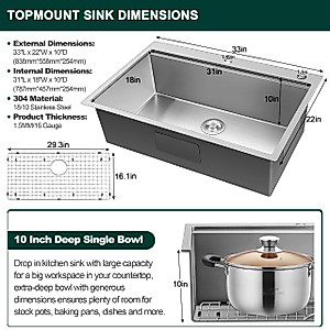 Homikit 33 x22 Inch Drop In Kitchen Sink, 16 Gauge Stainless Steel Topmount Single Bowl Kitchen Sinks with 2-Hole R10 Corner, 10" Deep Large Farmhouse Workstation Sink with Rinse Grid & Strainer Bags