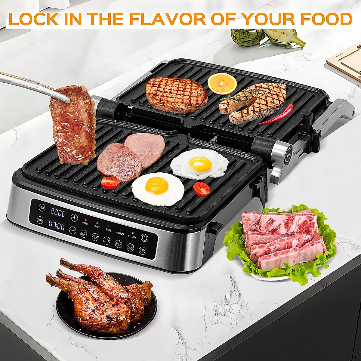 Aiwglenten Panini Press,Gourmet Sandwich Maker with Digital Control Panel, 180 Degrees Open, Suitable for Any Type or Size of Food, Detachable Drip Tray,Easy to Clean and Store