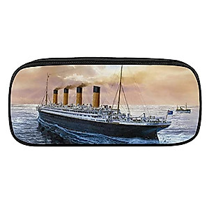 Retro Titanic Famous Old Historic Pencil Case PU Leather Pencil Pen Bag Large Capacity Pen Box Pencil Pouch Makeup Bag with Zip