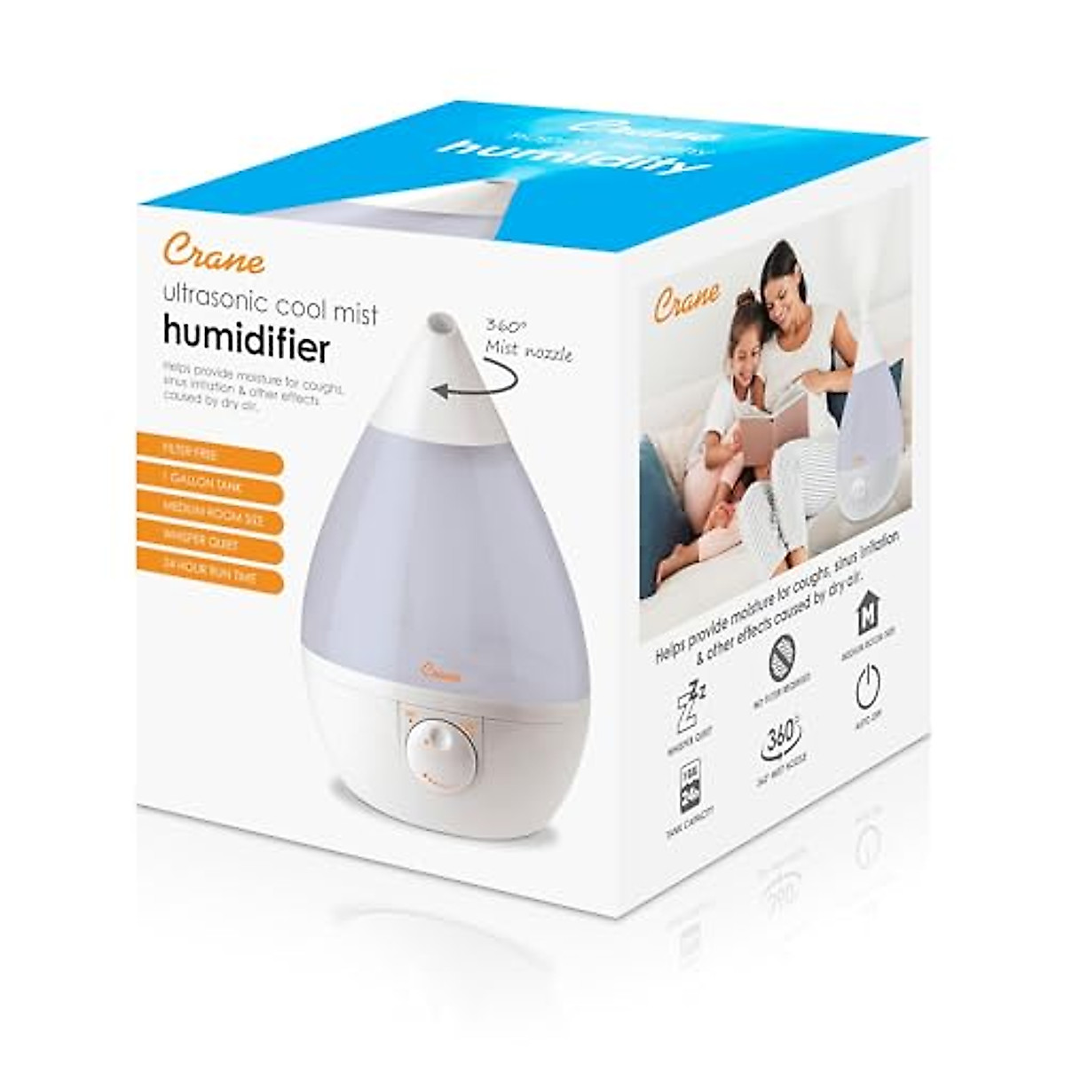 Crane Ultrasonic Cool Mist Humidifier for Bedroom, Baby Nursery, Kids Room, Plants, or Office, Large 1 Gallon Tank, Filter Optional, White