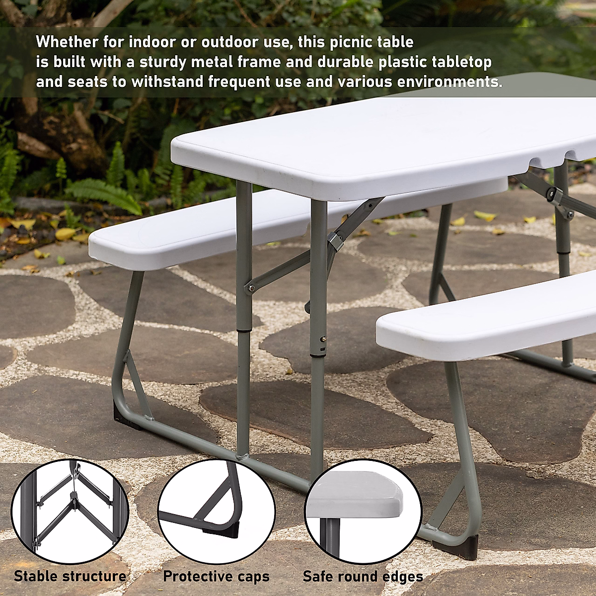 Gardenised Foldable White Kids' Picnic Table Bench Outdoor Portable Children's Backyard Table, Crafting, Dining, and Playtime Patio Table