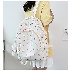 Floral Backpack with Kawaii Plush Puppy Pendant Accessories Cute Multi-Pockets Aesthetic Back to School Bookbag Laptop (White)