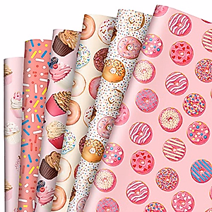 AnyDesign 12 Sheet Sweet Wrapping Paper Pink Donuts Cupcake Muffin Pattern Gift Wrap Bulk Dessert Print Art Paper for Birthday Wedding Baby Shower DIY Crafts Gift Packing, 19.7 x 27.6 Inch, Folded Flat