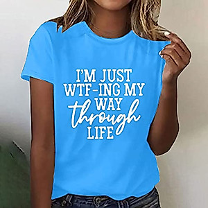 JDHUFEI Women's Crewneck Shirts Summer Plus Size Crewneck Tops Cute Letter Print Short Sleeve Blouse Casual Clothes