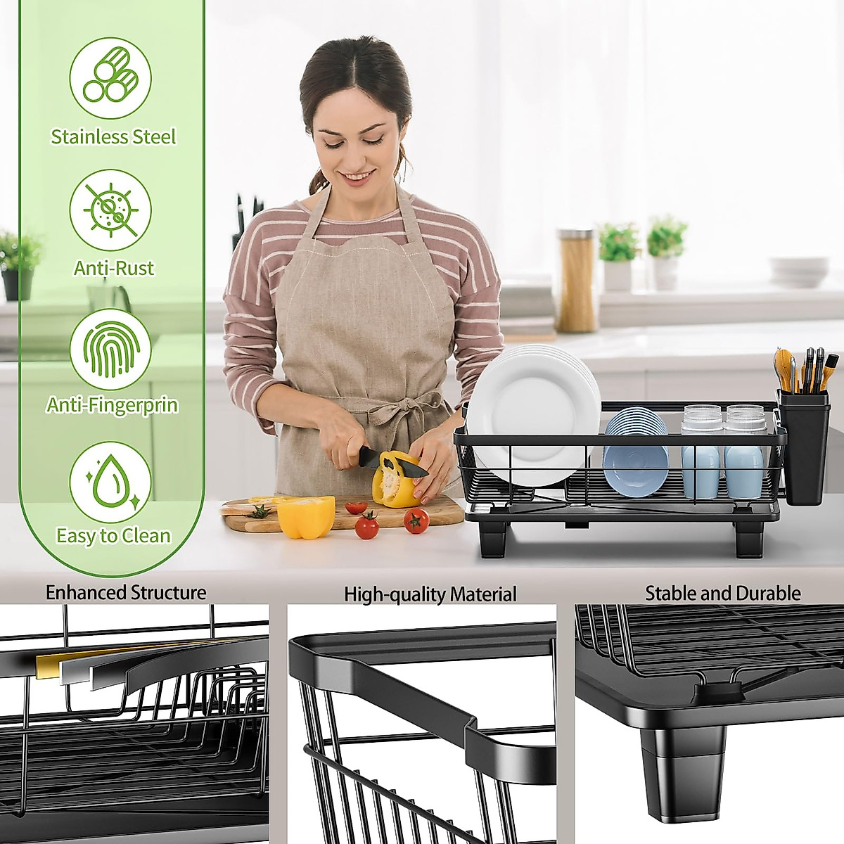 DMTXCRP Dish Drying Rack with Drainboard for Kitchen Counter, Large Capacity Durable Rustproof Stainless Steel Dish Drainer Rack with Removable Flatware Caddy -Black