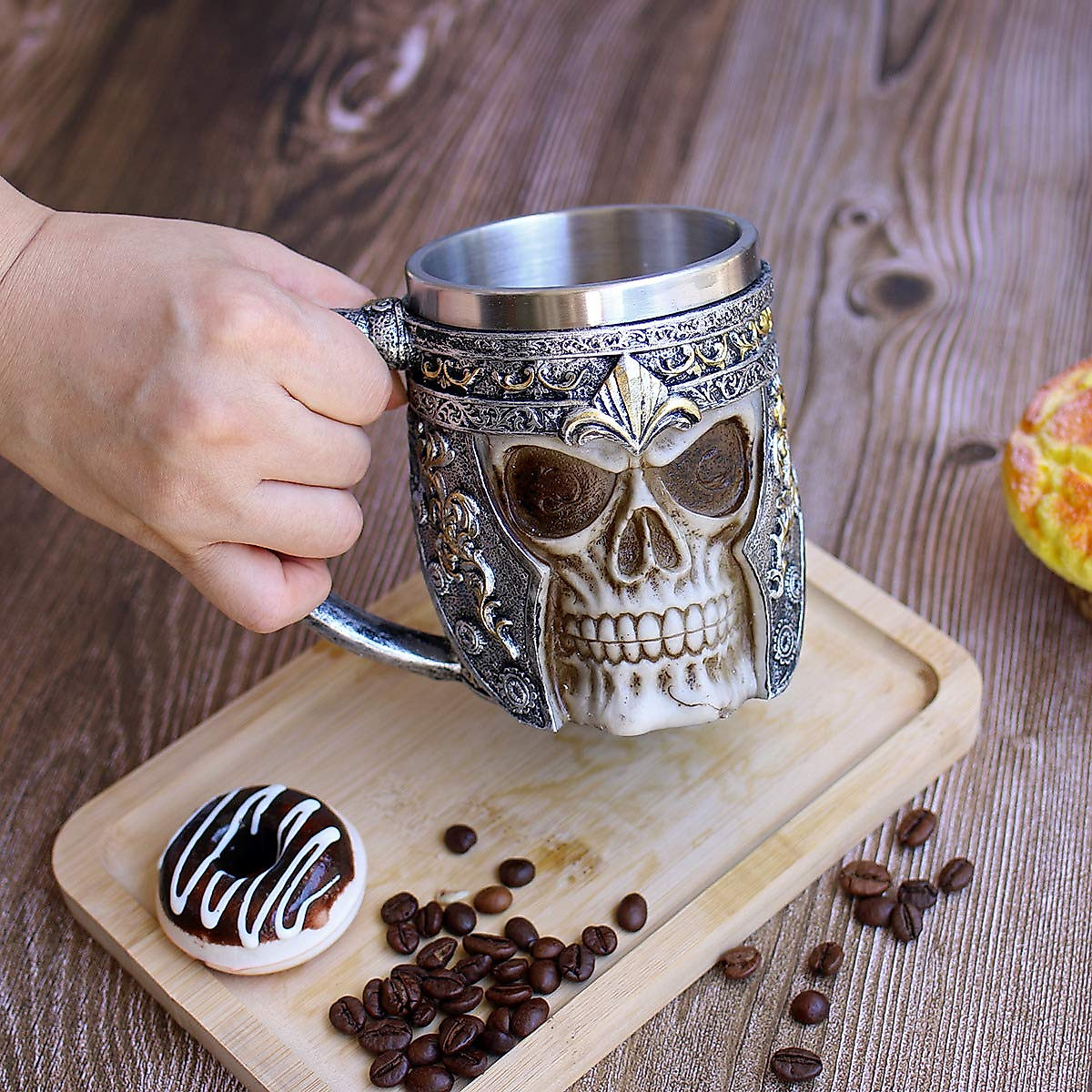 OTARTU 13oz Skull Coffee Mug Viking Skull Beer Mugs Stainless Steel Liner Gift for Men Father's Day Gifts