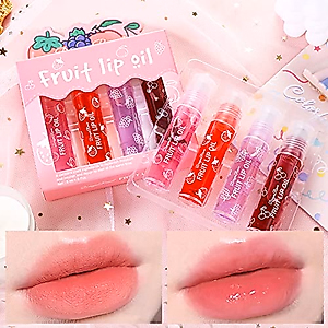 Alisesun 4 Pcs Fruit Roll-on Lip Gloss Set, Clear Lip Gloss Crystal Jelly Liquid Lipstick, Plumping Lip Oil Moisturizing Hydrating Non-Sticky, Nice Gift for Women Girl