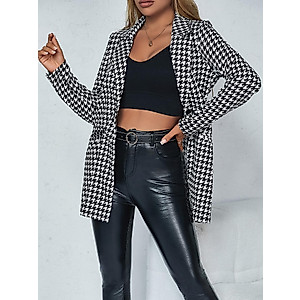 Floerns Women's Casual Work Office Open Front Striped Blazer Black White Houndstooth S
